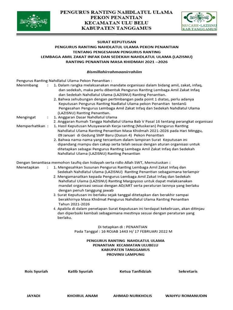 Pengesahan Pengurus LAZISNU 2021-2026 | PDF