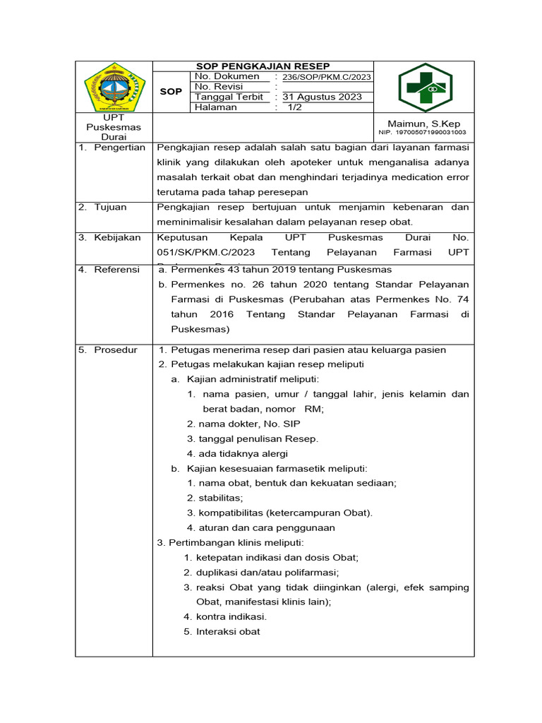 Fix - Sop Pengkajian Resep - Upt Puskesmas Durai | PDF