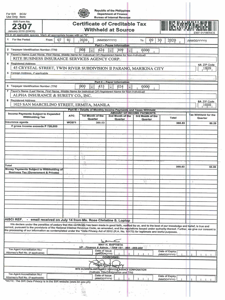 BIR 2307 - ALPHA INSURANCE JUN 2020 PHP 58.28 | PDF