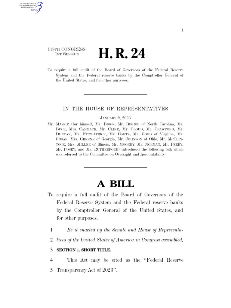 Federal Reserve Transparency Act 2023 | PDF | United States House Of ...