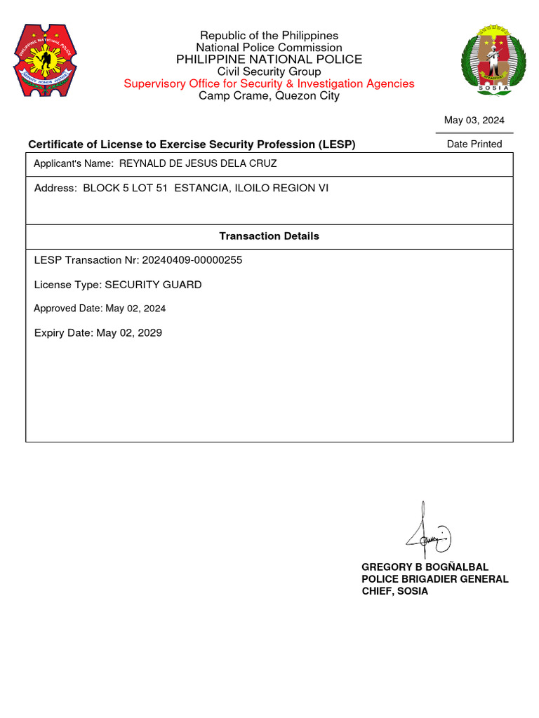 Security Guard License Certificate 2024 | PDF