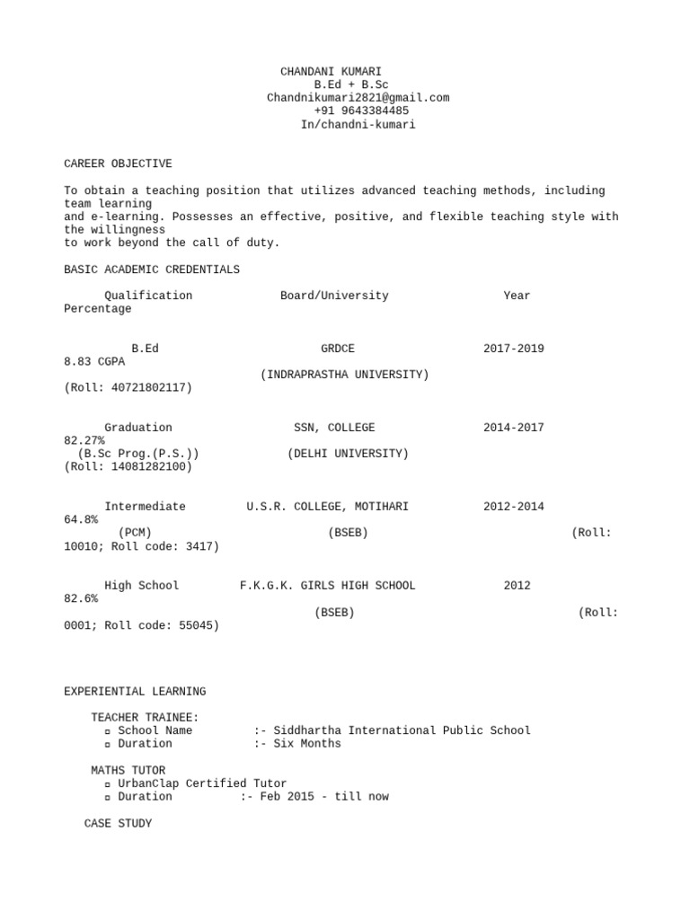 Teaching Resume of Chandani Kumari | PDF | Learning | Behavior Modification