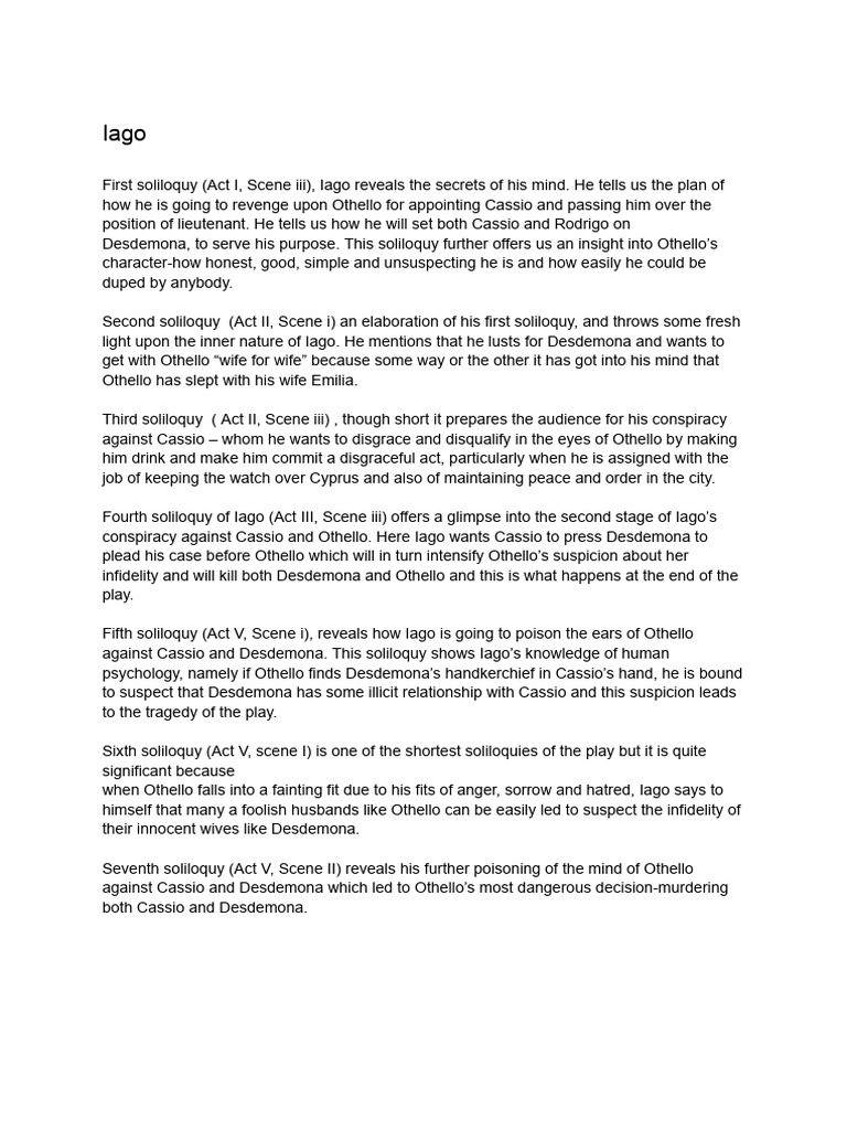Soliloquies in Othello (Further Analysis) | PDF | Young Adult