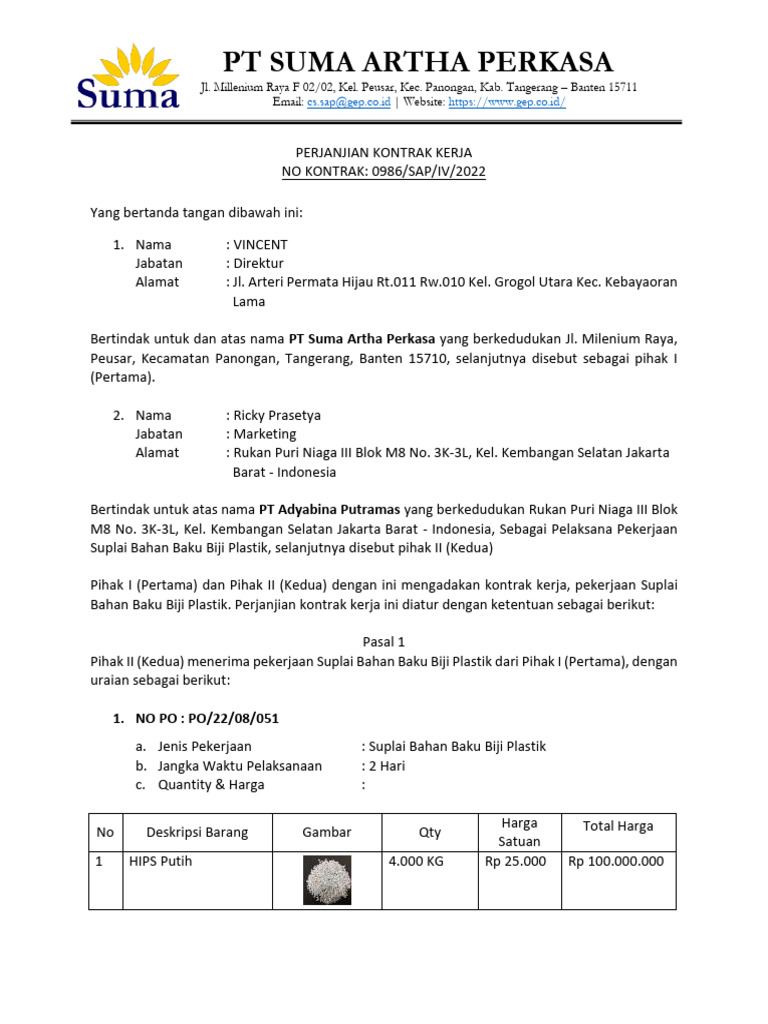 Perjanjian Kontrak PT Adyabina Putramas-1 | PDF