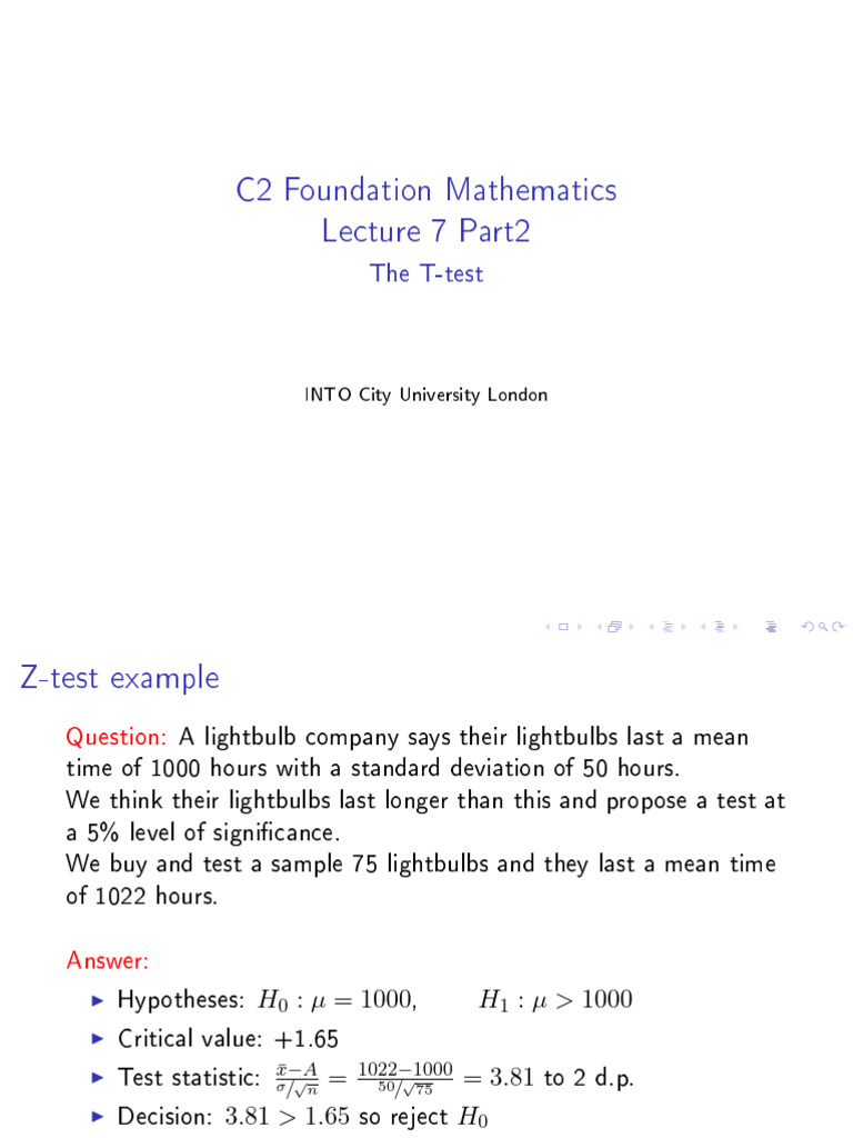 C2 Lecture 7 Part 2 T-Test | PDF | Type I And Type Ii Errors | Student ...