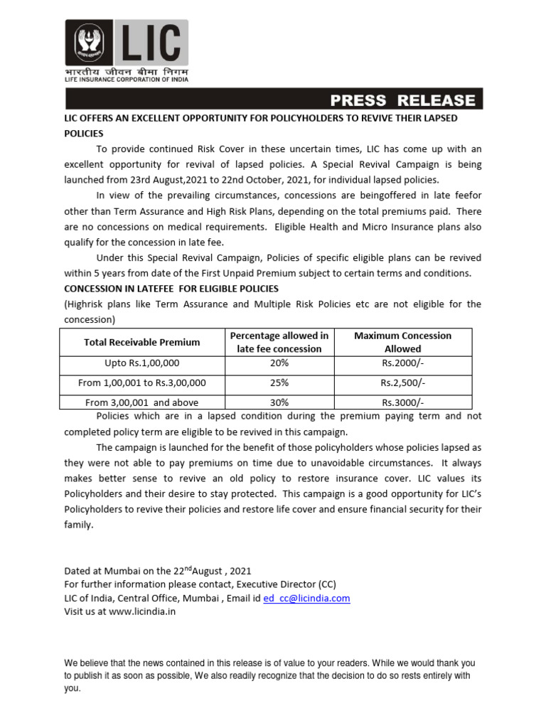 Lic Offers Special Revival of Lapsed Policies 2021 | PDF | Insurance ...