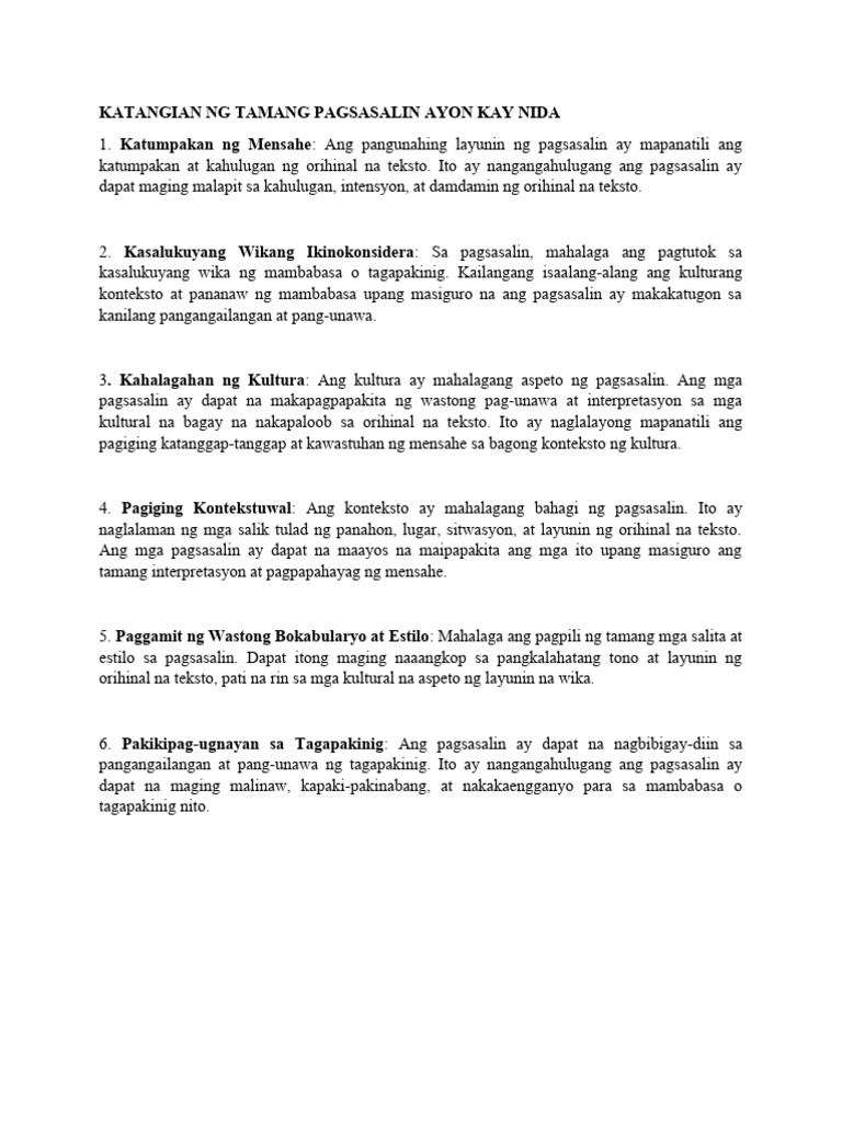 Teorya NG Pagsasalin Ayon Kay Nida at Larson | PDF