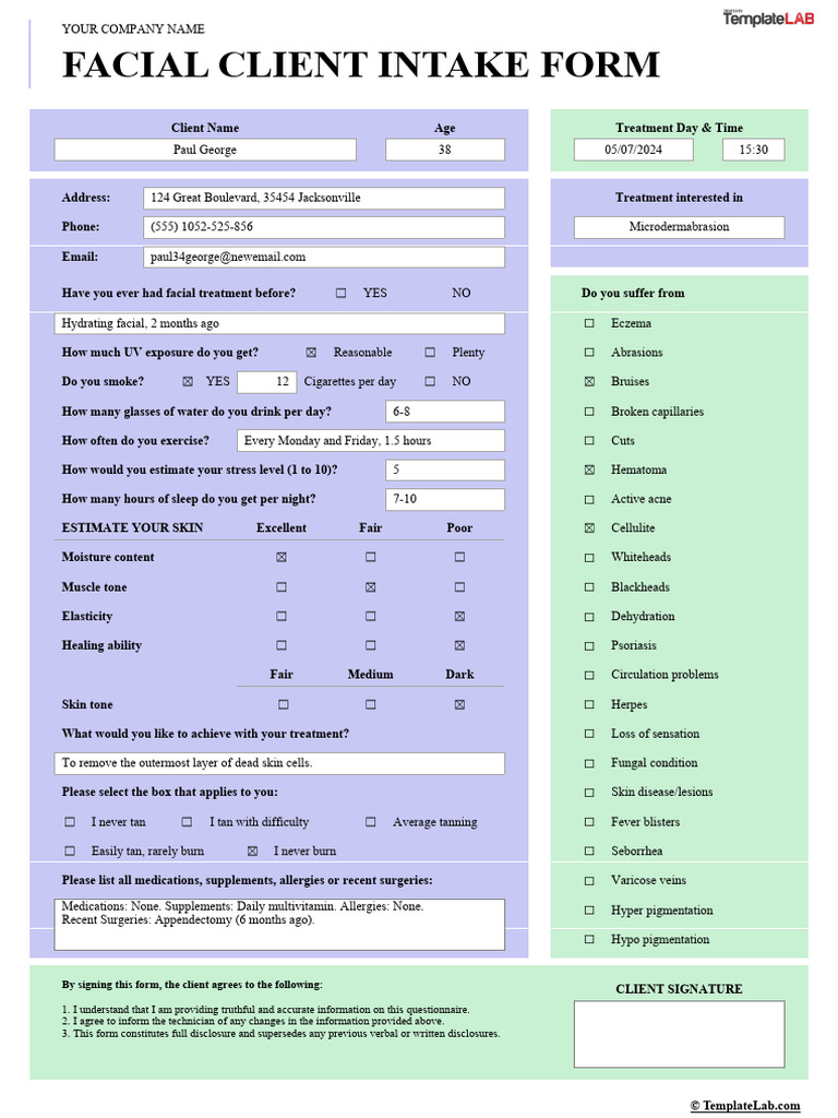 Facial Client Intake Form: by Signing This Form, The Client Agrees To ...