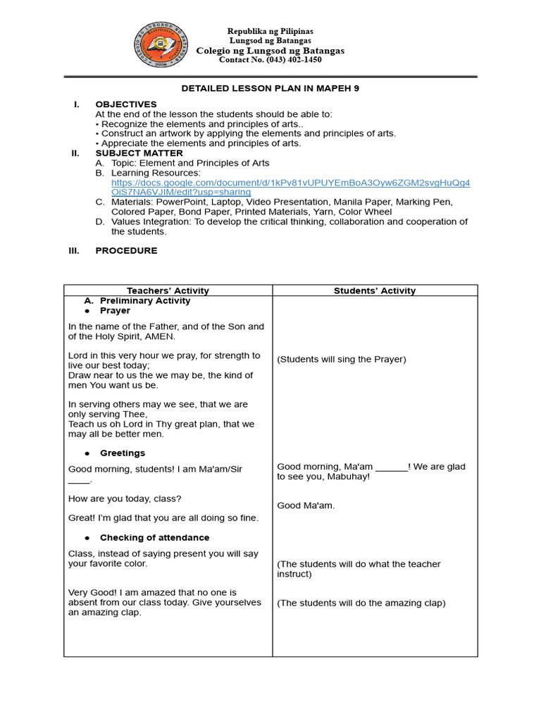 Lesson Plan Elements and Principles of Arts | PDF | Composition (Visual Arts) | Color