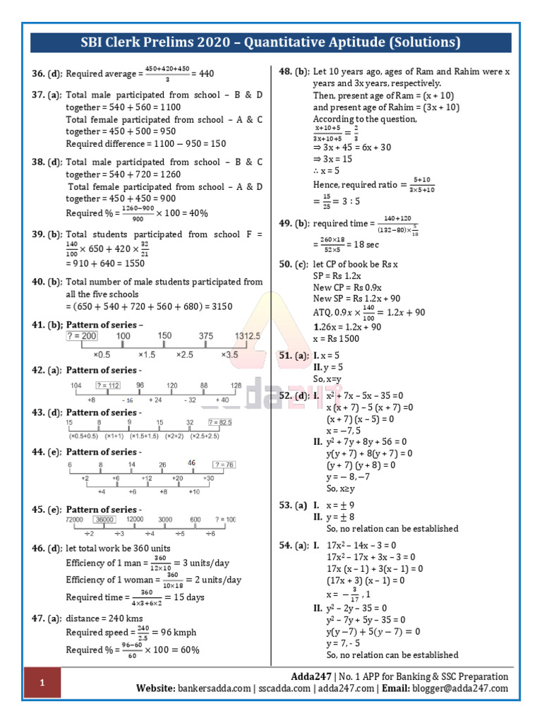 SBI Clerk Prelims 2020 Quantitative Aptitude Solutions | PDF | Metrology | Length