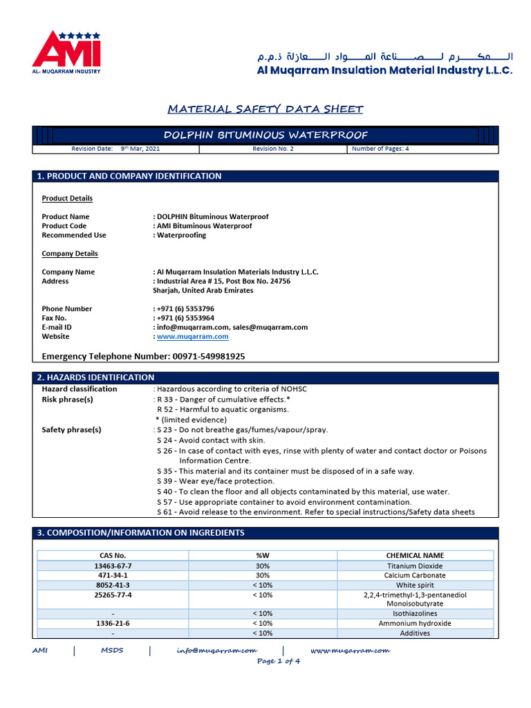 DOLPHIN Bituminous SDS - Compressed | PDF | Dangerous Goods