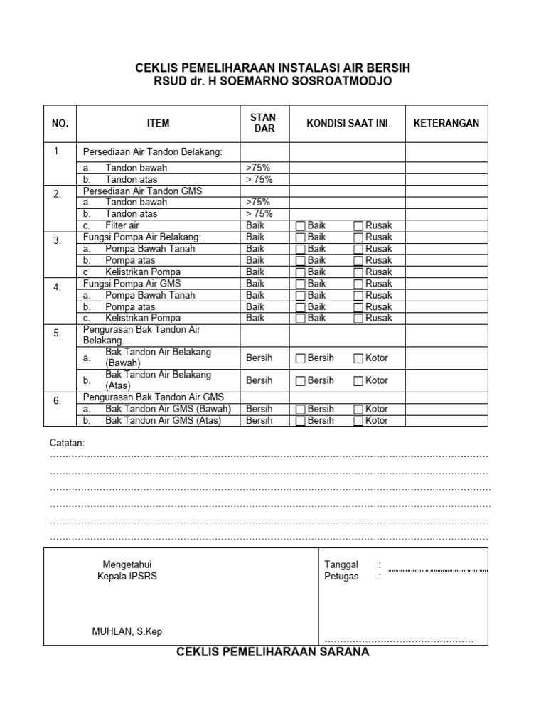 Ceklist Pemeliharaan Air Bersih | PDF