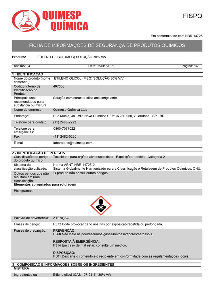 FISPQ Etileno Glicol 30%: Segurança e Uso | PDF | Embalagem e rotulagem ...