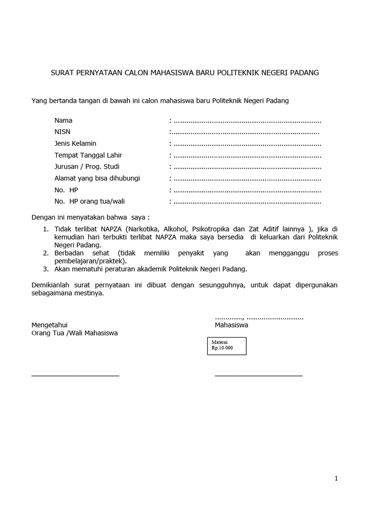 Surat Pernyataan Permohonan Dan Testimoni Calon Mahasiswa Baru ...