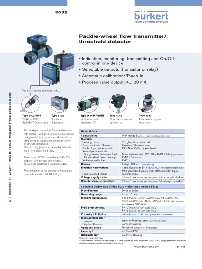 BÜRKERT.8032 PaddleWheel FlowTransmitter+OnOff Switch - Datasheet ...
