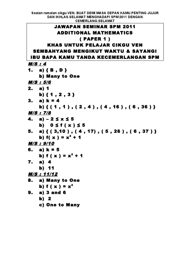 SPM 2011 Add Maths Paper 1 Answers | PDF | Teaching Methods & Materials ...