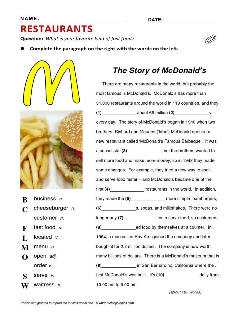 McDonald's History and Vocabulary Practice | PDF | Mc Donald's ...