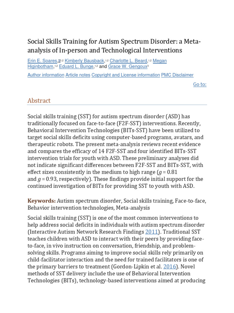Social Skills Training For Autism Spectrum Disorder Pdf Autism