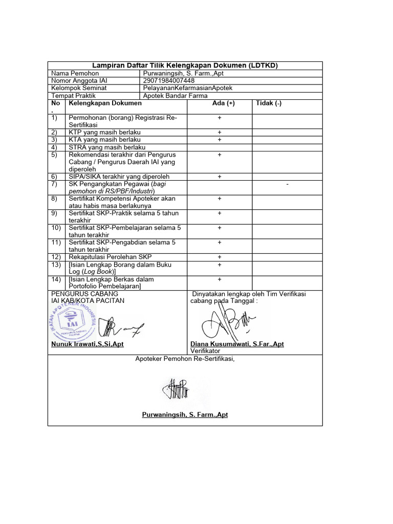 Lampiran Daftar Tilik Kelengkapan Dokumen Pengurus Cabang | PDF