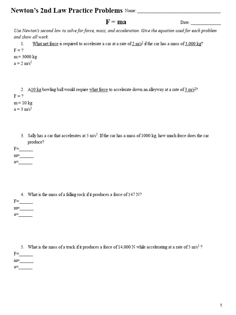 Newton's 2nd Law Practice Problems | PDF | Force | Mass
