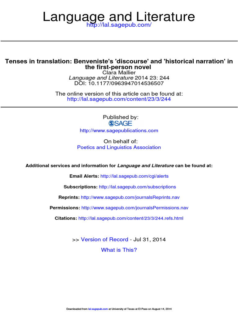 Tenses in Translation Benveniste's Discourse and Historical Narration ...