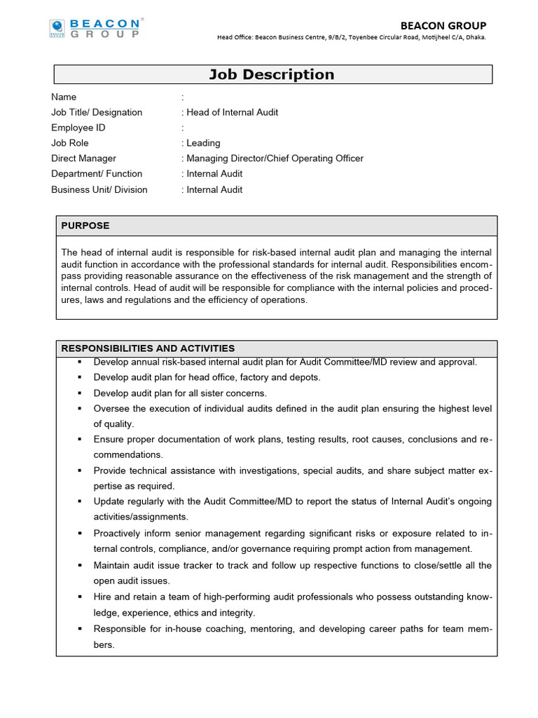 JD - Head of Internal Audit | PDF | Internal Audit | Audit