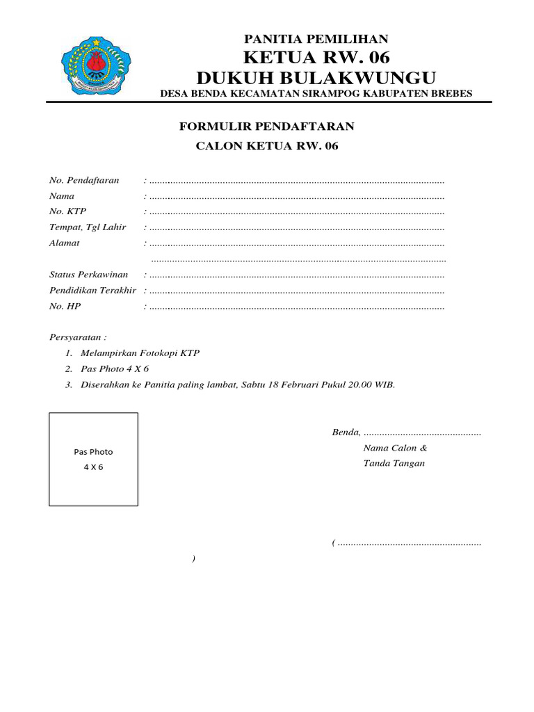 Formulir Pendaftaran Ketua RW | PDF