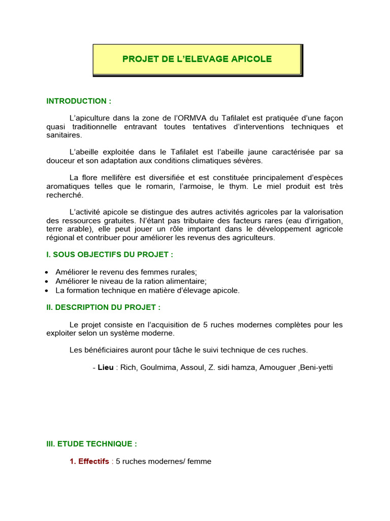 Projet d'Élevage Apicole au Tafilalet | PDF | Apiculture | Ruche