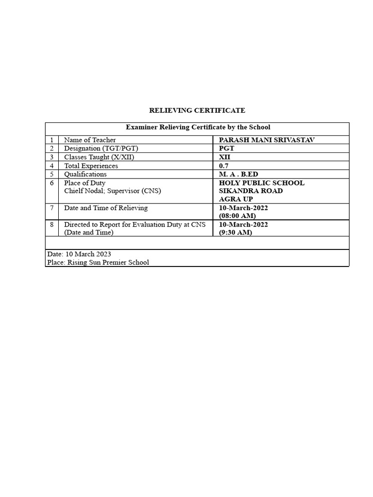 EE Relieving Certificate | PDF