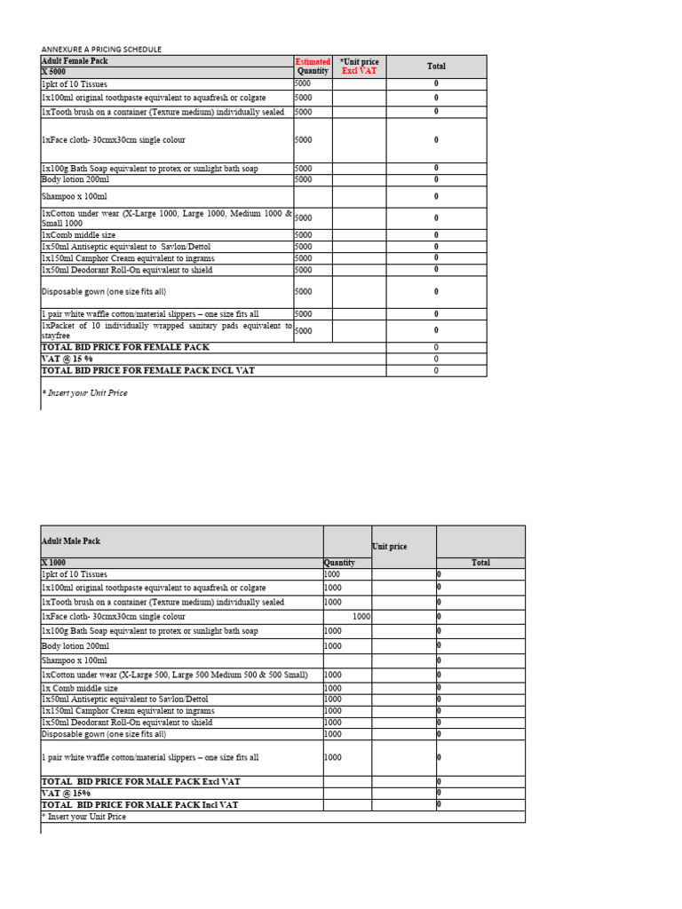 COMFORT PACKS PRICING SCHEDULE ANNEXURE A 26 04 2024 | PDF | Personal ...