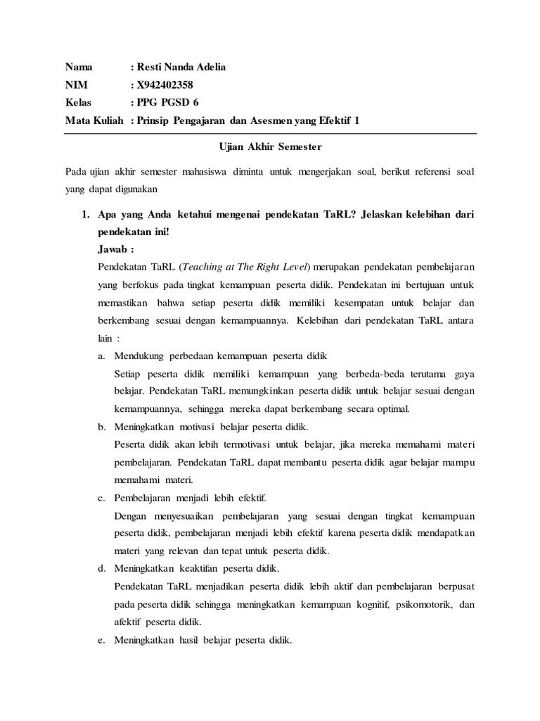 Ujian Akhir Semester - Prinsip Pengajaran Dan Asesmen Yang Efektif 1 - Resti Nanda Adelia | PDF
