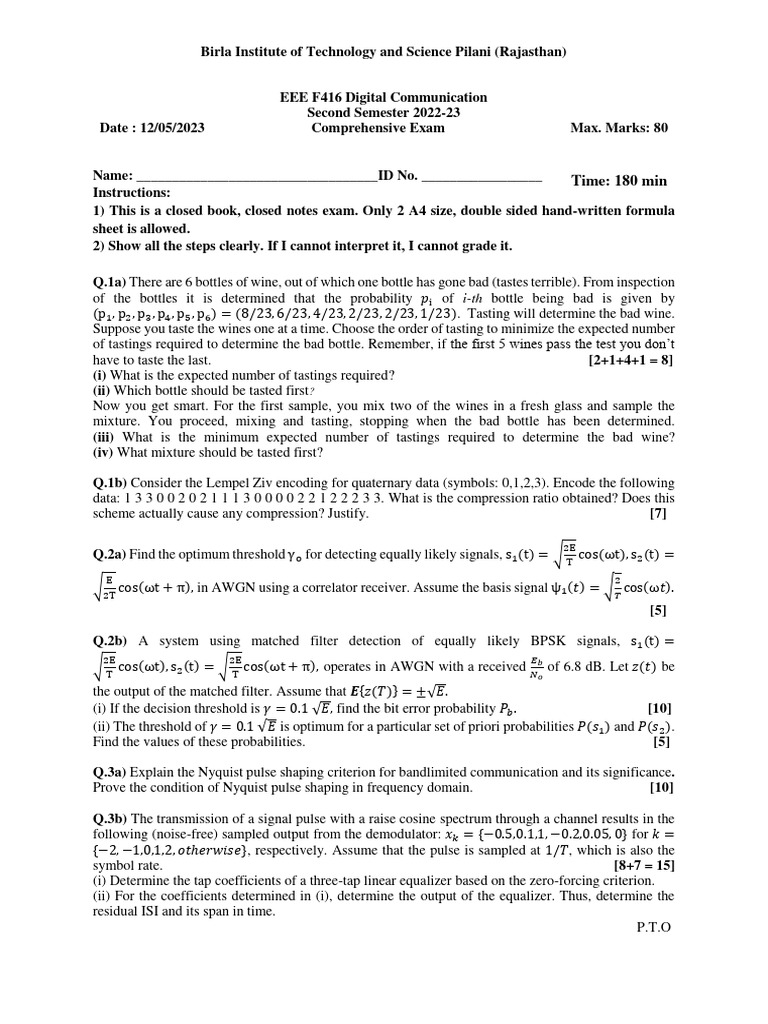 1155 EEE F416 20230525114734 Comprehensive Exam Question Paper | PDF | Spectral Density ...