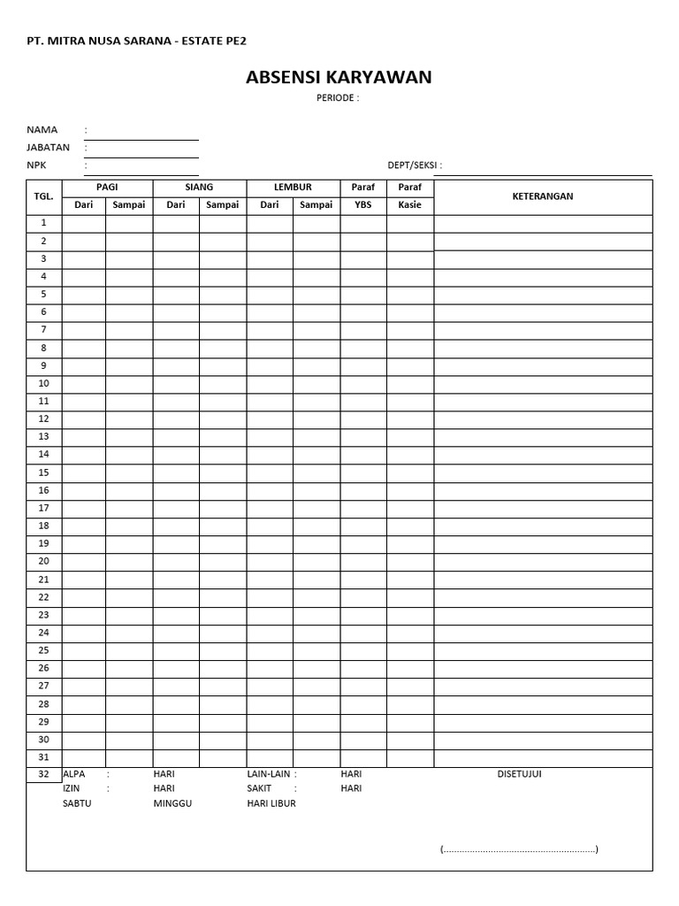 Form Absensi Karyawan 3 Down Dan HL PE2 | PDF