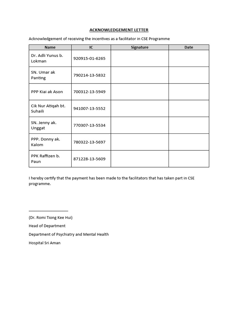 Acknowledgement Letter | PDF | Wellness | Technology & Engineering
