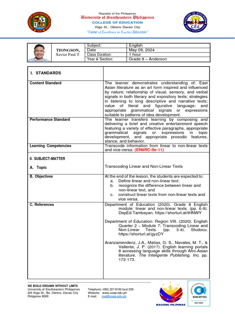 Lesson Plan On Transcoding Linear and Non-Linear Texts - Grade 8 ...