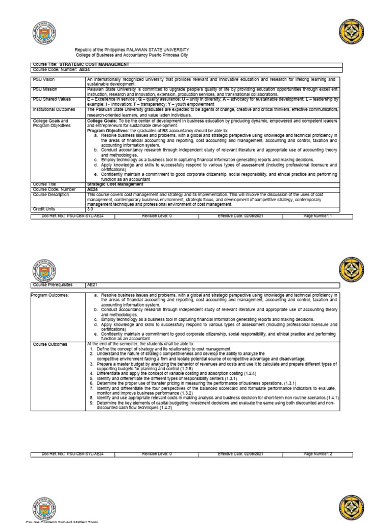 AE23 Course Outline Strategic Cost Management Syllabus Updated | PDF ...
