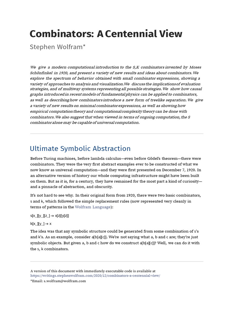 Stephen Wolfram - Combinators, A Centennial View | PDF | Boolean Algebra | Teaching Mathematics