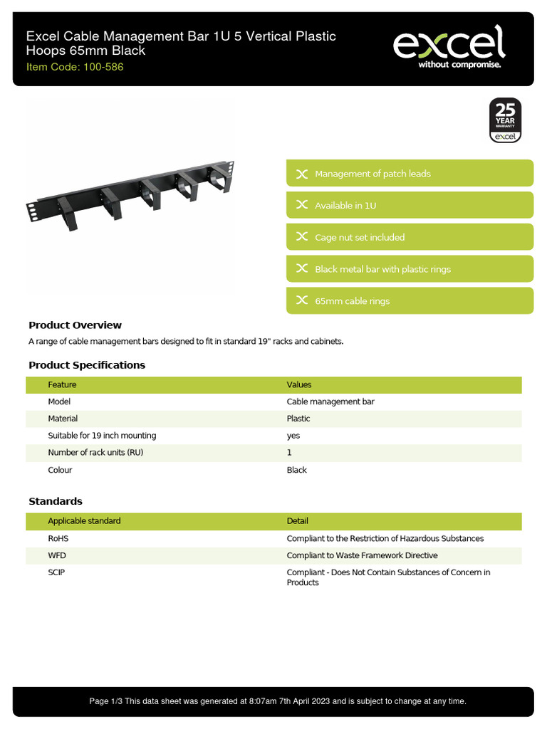 Excel Cable Management Bar 1U 5 Vertical Plastic Hoops 65mm Black | PDF ...