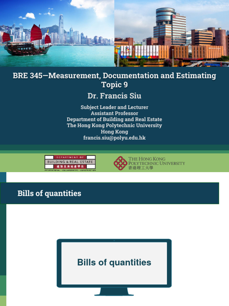 BRE 345-Measurement, Documentation and Estimating Topic 9: Dr. Francis Siu | PDF | Specification ...