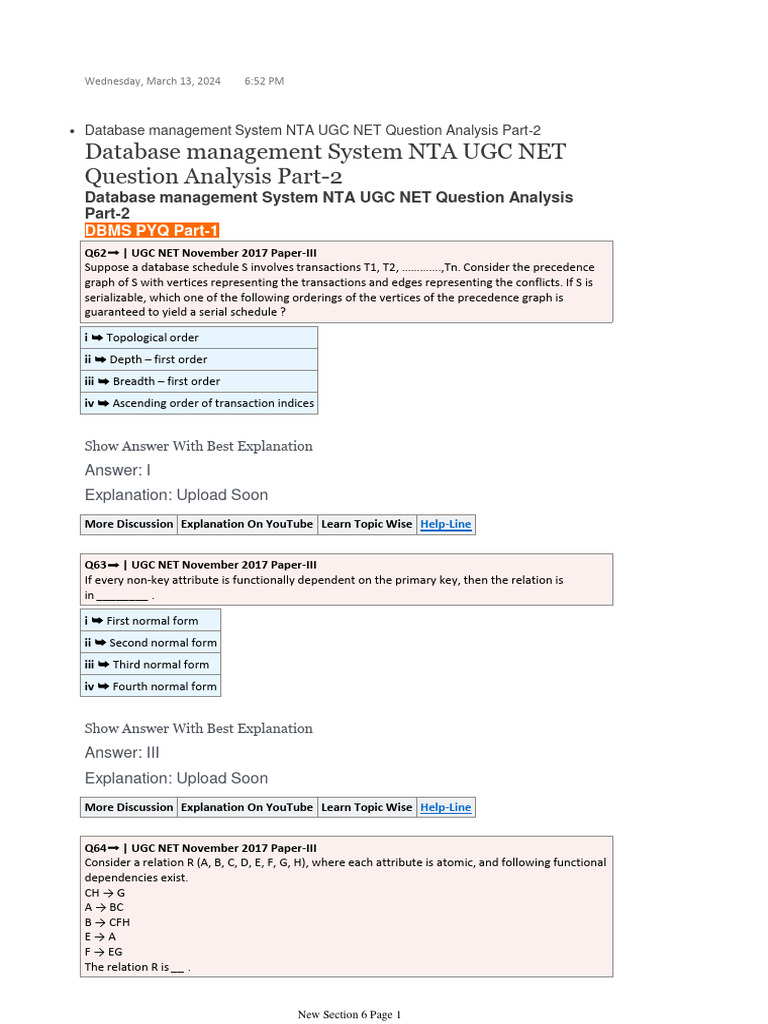 DBMS NTA UGC NET Question Analysis Part-2 | PDF | Relational Model | Databases