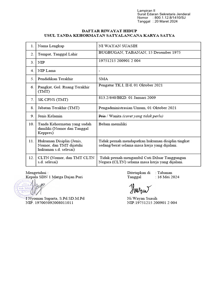 Ni Wayan Suasih - FORM DAFTAR RIWAYAT HIDUP USUL SLKS BARU | PDF