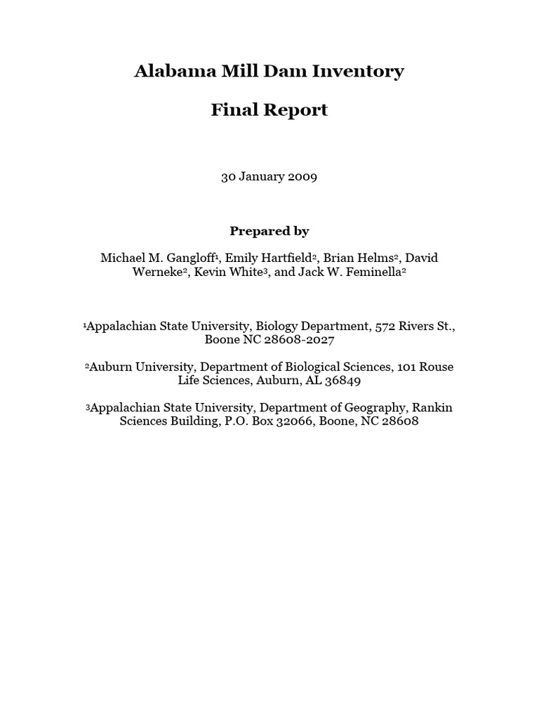 Alabama Mill Dam Inventory - Final Report | PDF | Dam | Eutrophication