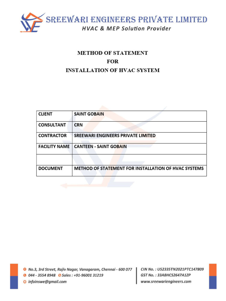 HVAC Installation Method Statement | PDF | Duct (Flow) | Pipe (Fluid ...
