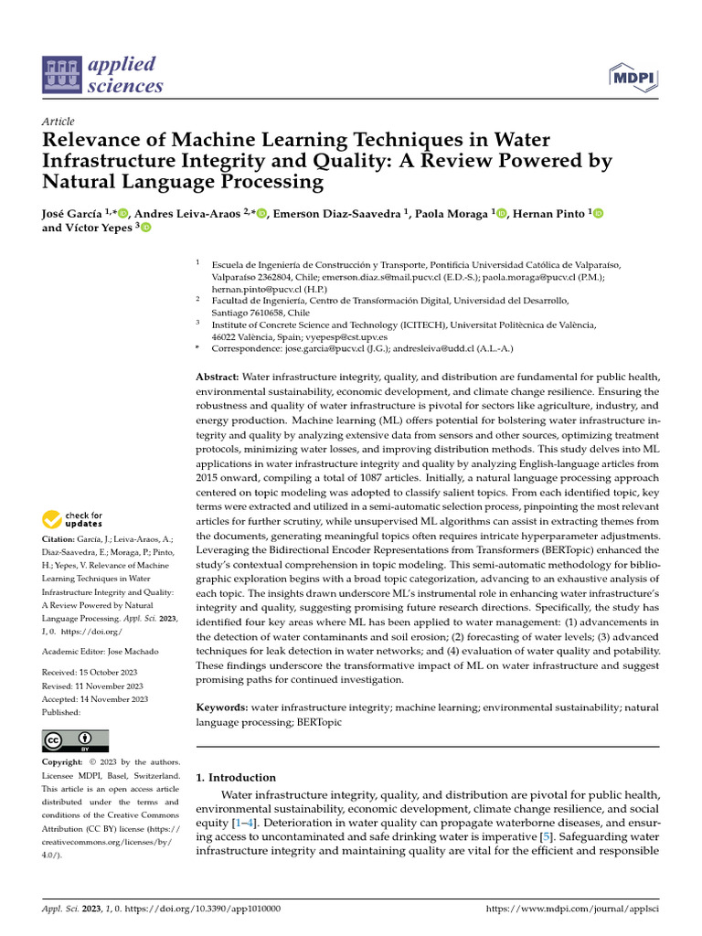 Relevance of Machine Learning Techniques in Water Infrastructure Integrity and Quality | PDF ...