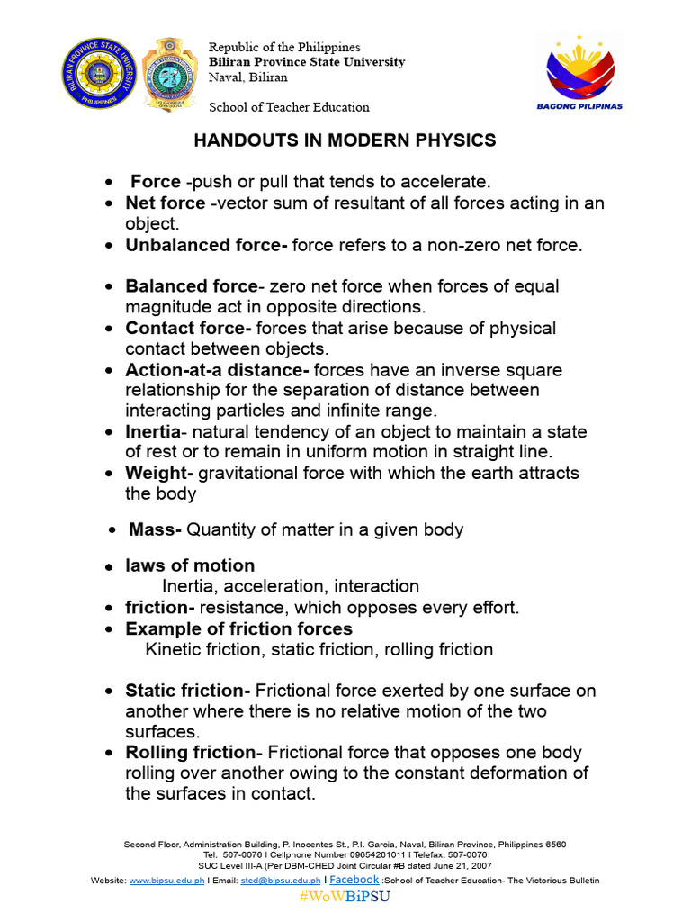 Modern Physics Concepts Handout | PDF | Force | Friction