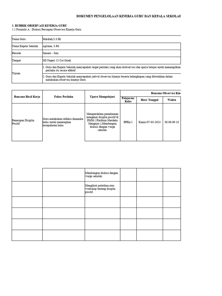 Form Observasi Kelas 1-Bu Mar | PDF