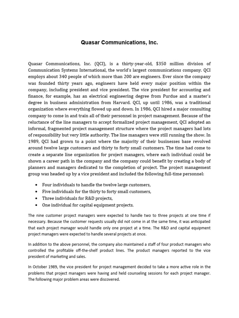 Case - Quasar Communications - Orgal-Structures | PDF | Project ...