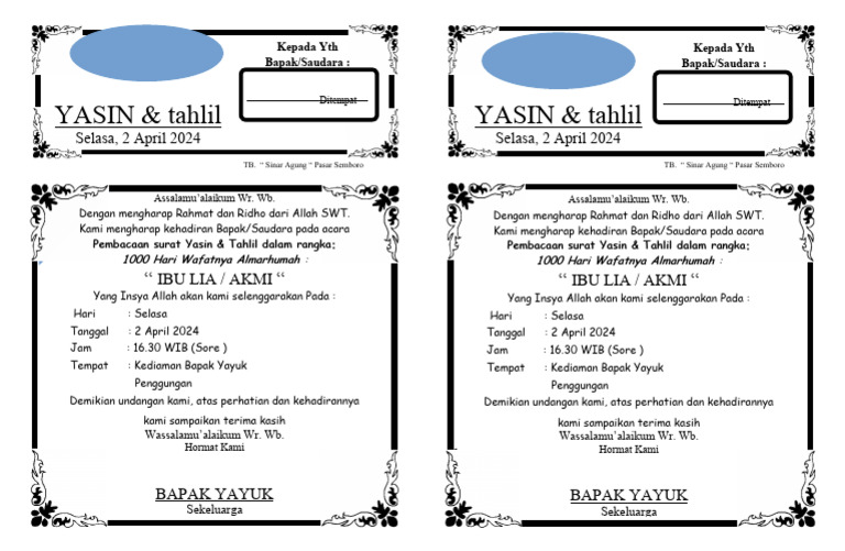 Undangan Yasin Tahlil | PDF