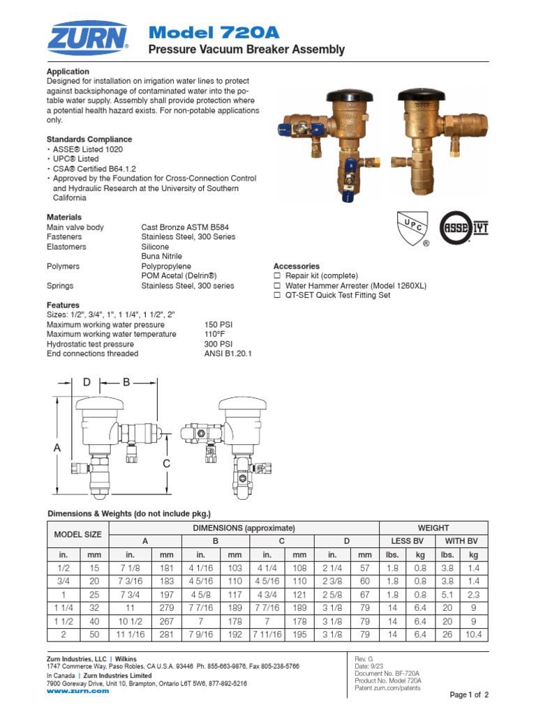 Model 720A: Pressure Vacuum Breaker Assembly | PDF | Valve | Building Materials