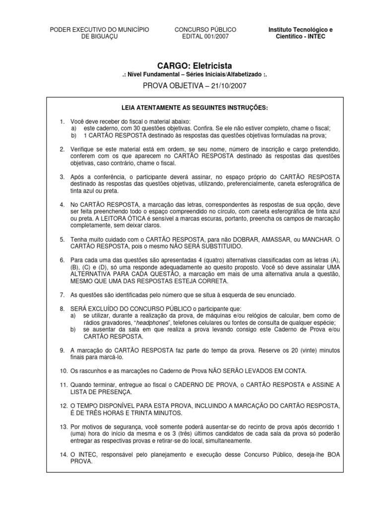 Prova Eletricista | PDF | Eletricidade | Corrente elétrica